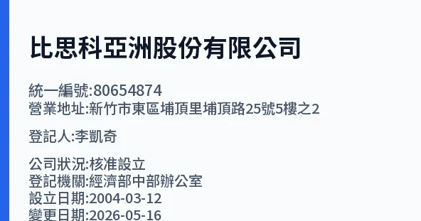 比思科亞洲股份有限公司的照片-統編 80654874(新竹市) 公司登記資料與營業項目詳細圖表