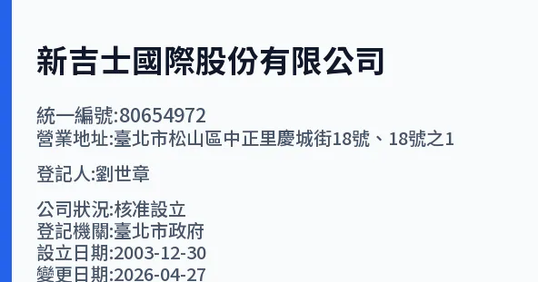 新吉士國際股份有限公司的照片-統編 80654972(臺北市) 公司登記資料與營業項目詳細圖表