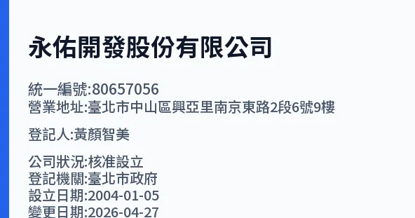 永佑開發股份有限公司的照片-統編 80657056(臺北市) 公司登記資料與營業項目詳細圖表