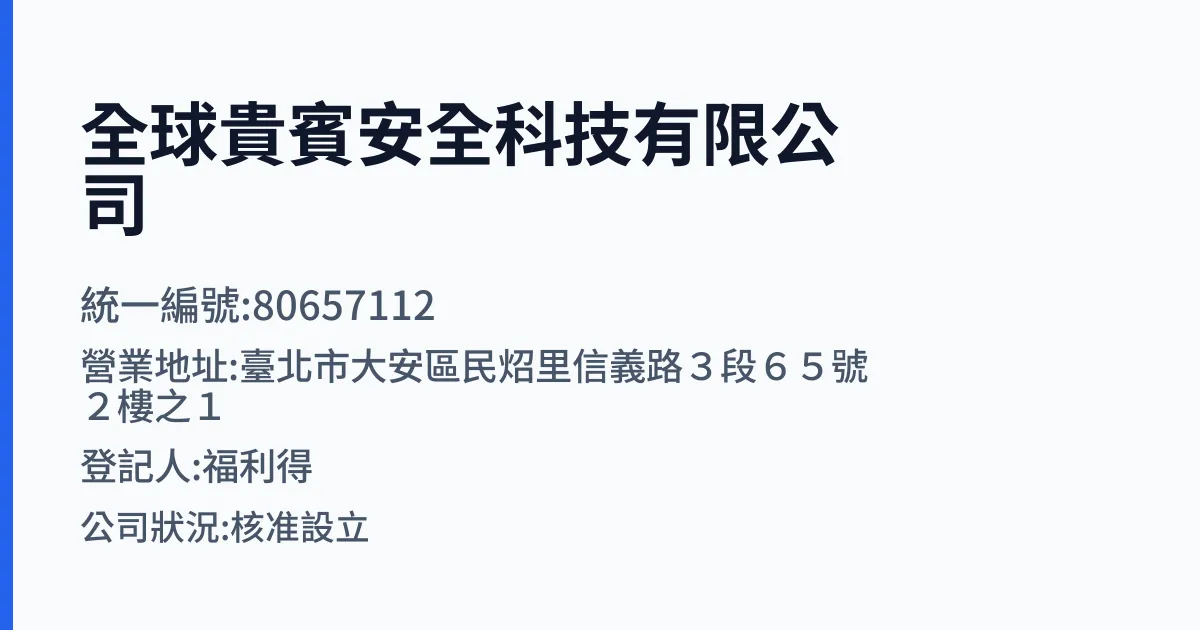 全球貴賓安全科技有限公司 - 統編 80657112(臺北市) 公司登記資料與營業項目詳細圖表