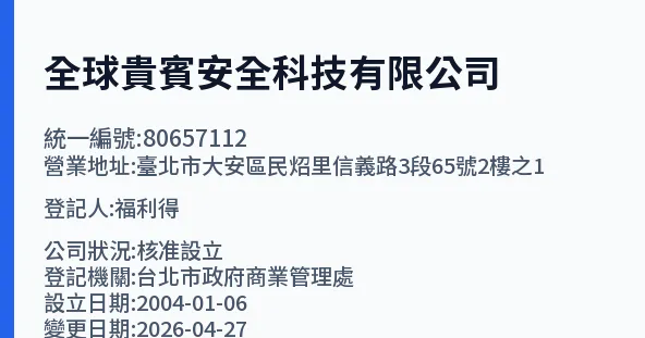 全球貴賓安全科技有限公司的照片-統編 80657112(臺北市) 公司登記資料與營業項目詳細圖表