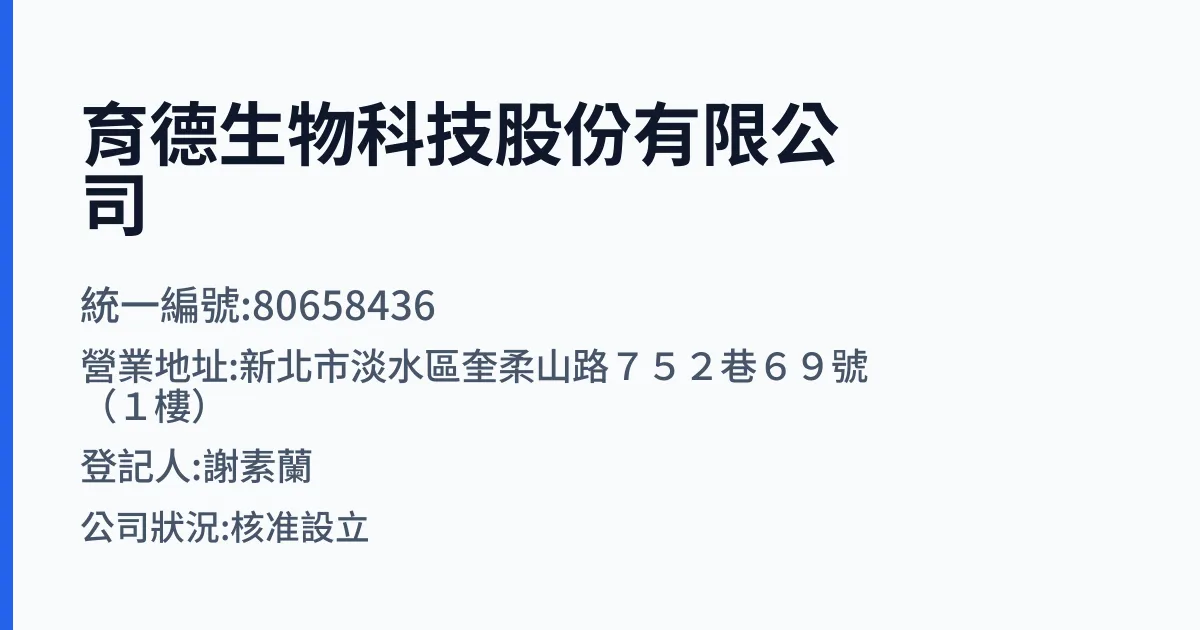 育德生物科技股份有限公司 - 統編 80658436(新北市) 公司登記資料與營業項目詳細圖表