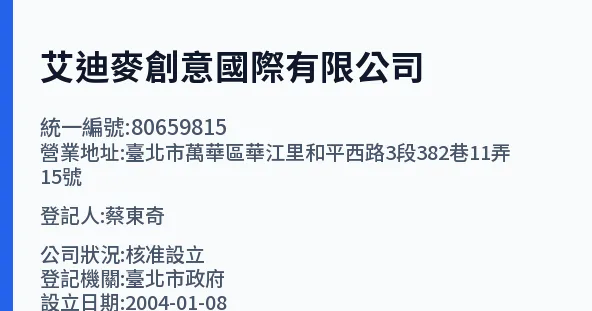 艾迪麥創意國際有限公司的照片-統編 80659815(臺北市) 公司登記資料與營業項目詳細圖表