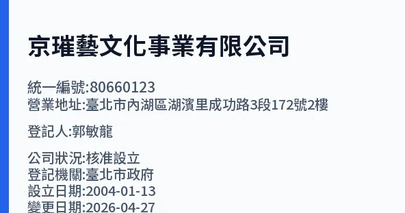 京璀藝文化事業有限公司的照片-統編 80660123(臺北市) 公司登記資料與營業項目詳細圖表
