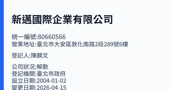 新邁國際企業有限公司的照片-統編 80660566(臺北市) 公司登記資料與營業項目詳細圖表