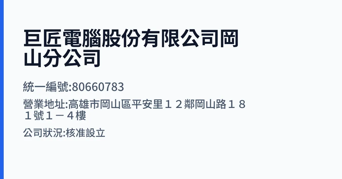 巨匠電腦股份有限公司岡山分公司 - 統編 80660783(高雄市) 公司登記資料與營業項目詳細圖表