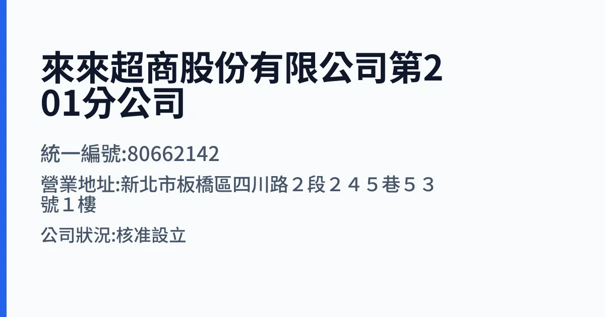 來來超商股份有限公司第201分公司 - 統編 80662142(新北市) 公司登記資料與營業項目詳細圖表