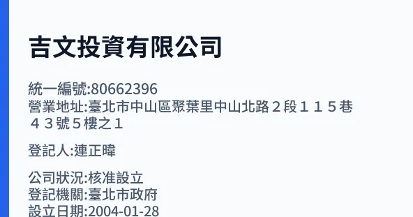 吉文投資有限公司的照片-統編 80662396(臺北市) 公司登記資料與營業項目詳細圖表