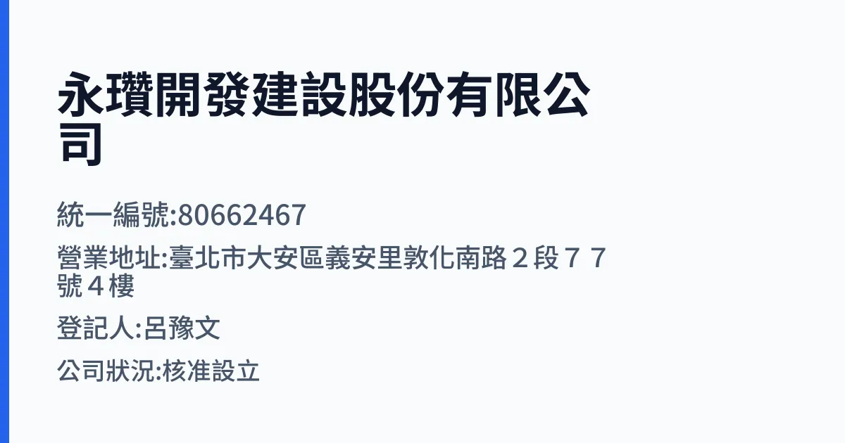 永瓚開發建設股份有限公司 - 統編 80662467(臺北市) 公司登記資料與營業項目詳細圖表