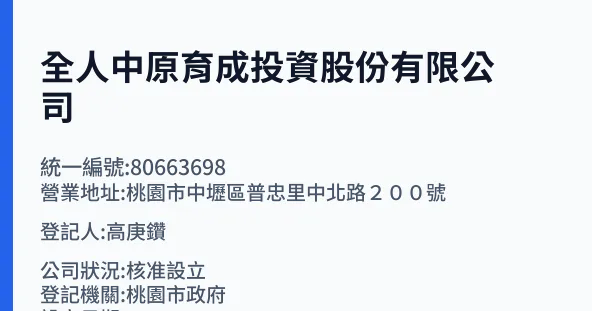 全人中原育成投資股份有限公司的照片-統編 80663698(桃園市) 公司登記資料與營業項目詳細圖表