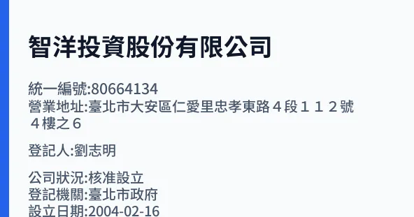 智洋投資股份有限公司的照片-統編 80664134(臺北市) 公司登記資料與營業項目詳細圖表