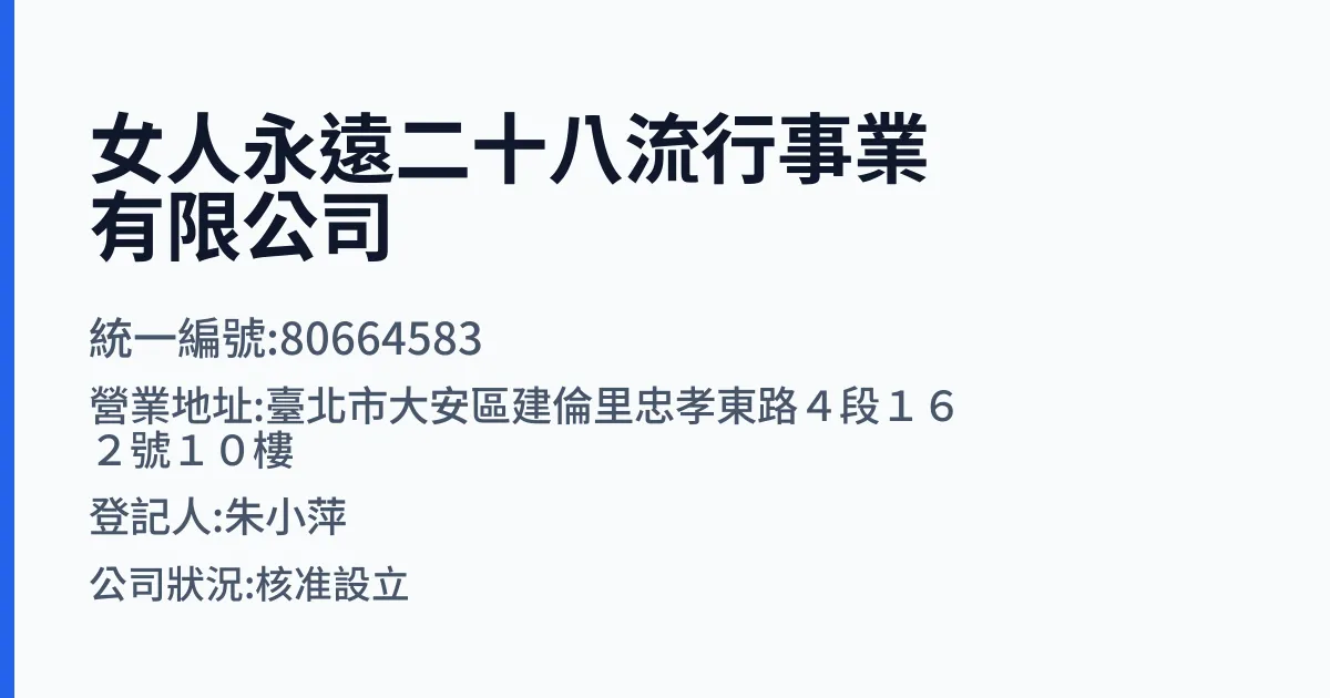 女人永遠二十八流行事業有限公司 - 統編 80664583（臺北市） 公司登記資料與營業項目詳細圖表