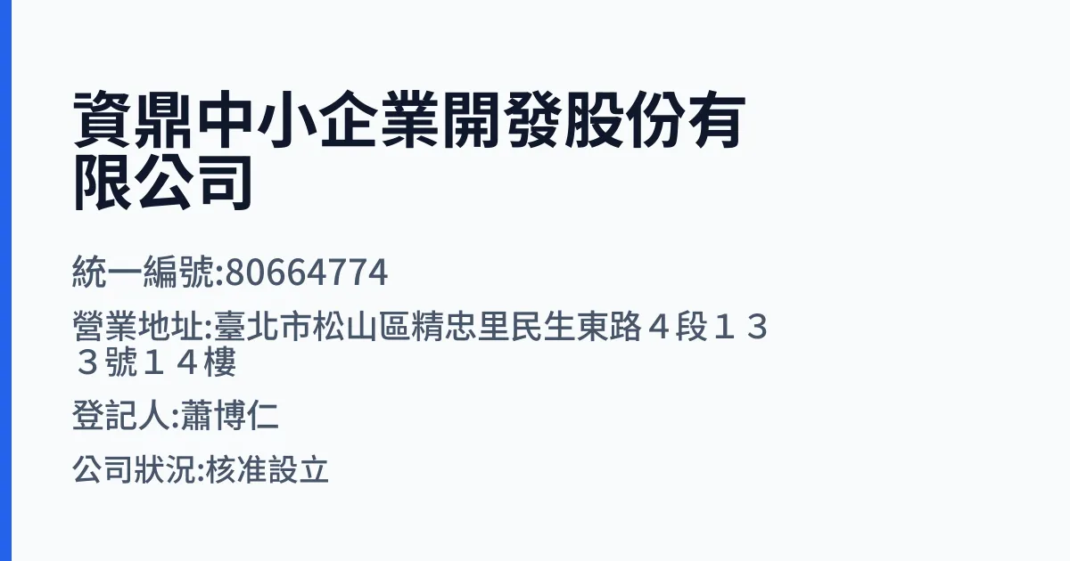 資鼎中小企業開發股份有限公司 - 統編 80664774(臺北市) 公司登記資料與營業項目詳細圖表