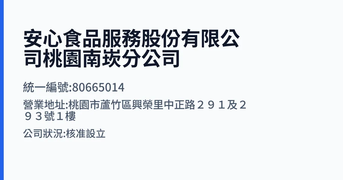 安心食品服務股份有限公司桃園南崁分公司 - 統編 80665014(桃園市) 公司登記資料與營業項目詳細圖表
