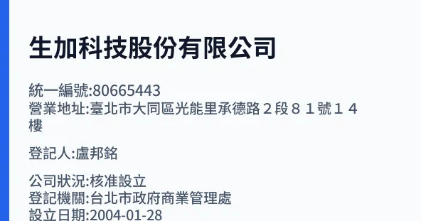 生加科技股份有限公司的照片-統編 80665443(臺北市) 公司登記資料與營業項目詳細圖表