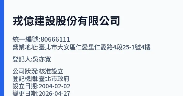 戎億建設股份有限公司的照片-統編 80666111(臺北市) 公司登記資料與營業項目詳細圖表