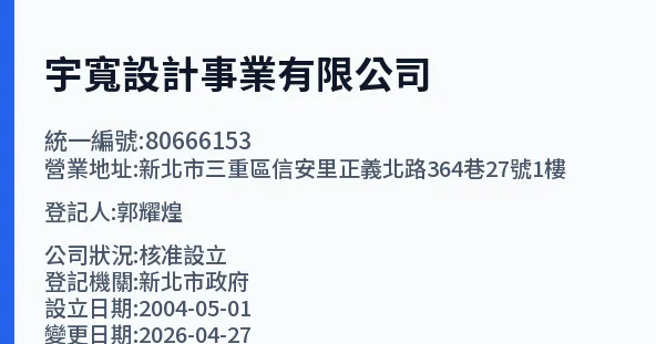 宇寬設計事業有限公司的照片-統編 80666153(新北市) 公司登記資料與營業項目詳細圖表