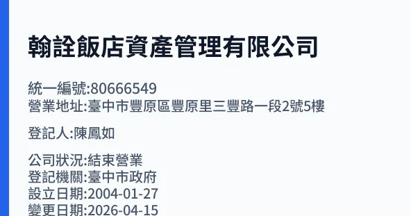 翰詮飯店資產管理有限公司的照片-統編 80666549(臺中市) 公司登記資料與營業項目詳細圖表