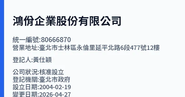 鴻佾企業股份有限公司的照片-統編 80666870(臺北市) 公司登記資料與營業項目詳細圖表