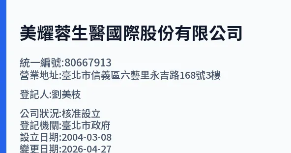 美耀蓉生醫國際股份有限公司的照片-統編 80667913(臺北市) 公司登記資料與營業項目詳細圖表