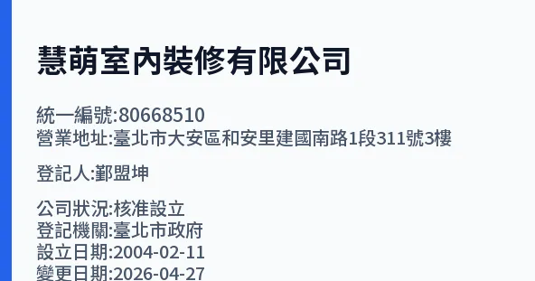 慧萌室內裝修有限公司的照片-統編 80668510(臺北市) 公司登記資料與營業項目詳細圖表