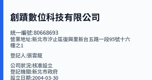 創蹟數位科技有限公司的照片-統編 80668693(新北市) 公司登記資料與營業項目詳細圖表