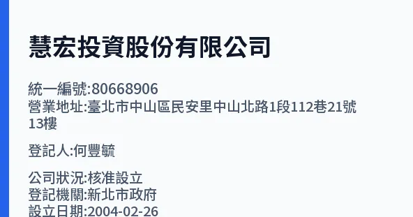 慧宏投資股份有限公司的照片-統編 80668906(臺北市) 公司登記資料與營業項目詳細圖表