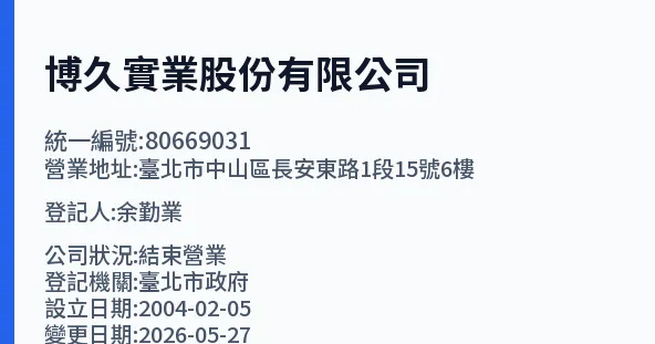 博久實業股份有限公司的照片-統編 80669031(臺北市) 公司登記資料與營業項目詳細圖表