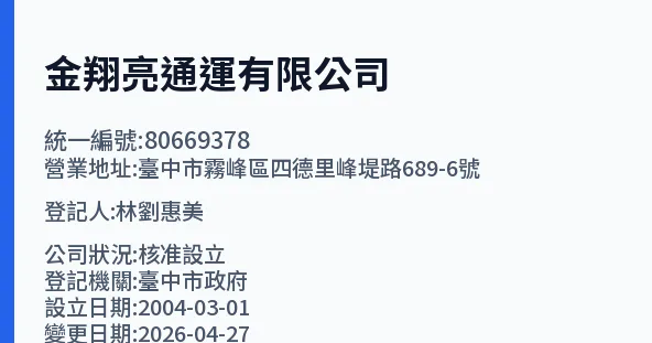 金翔亮通運有限公司的照片-統編 80669378(臺中市) 公司登記資料與營業項目詳細圖表