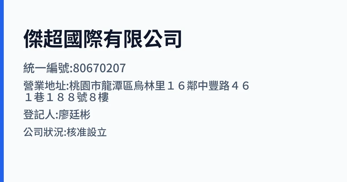 傑超國際有限公司 - 統編 80670207(桃園市) 公司登記資料與營業項目詳細圖表