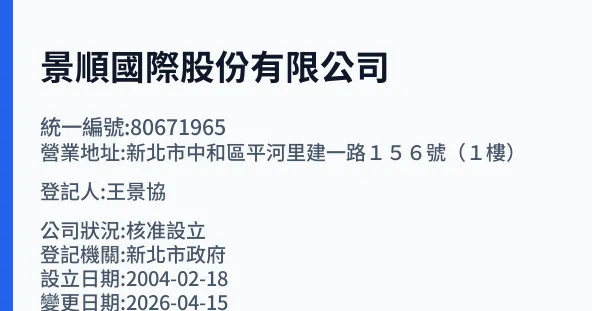 景順國際股份有限公司的照片-統編 80671965(新北市) 公司登記資料與營業項目詳細圖表