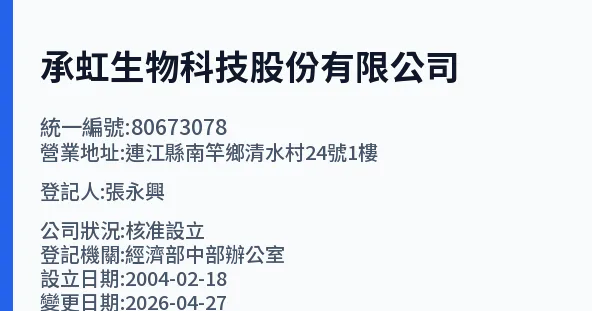 承虹生物科技股份有限公司的照片-統編 80673078(連江縣) 公司登記資料與營業項目詳細圖表
