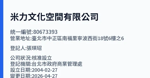 米力文化空間有限公司的照片-統編 80673393(臺北市) 公司登記資料與營業項目詳細圖表