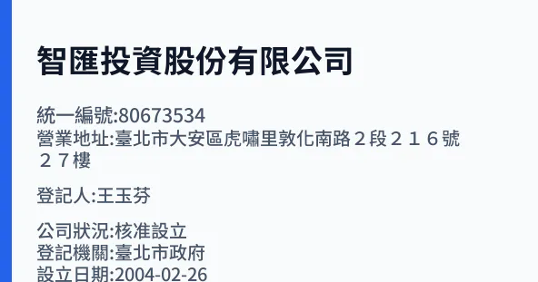 智匯投資股份有限公司的照片-統編 80673534(臺北市) 公司登記資料與營業項目詳細圖表