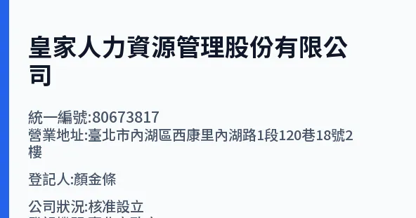 皇家人力資源管理股份有限公司的照片-統編 80673817(臺北市) 公司登記資料與營業項目詳細圖表