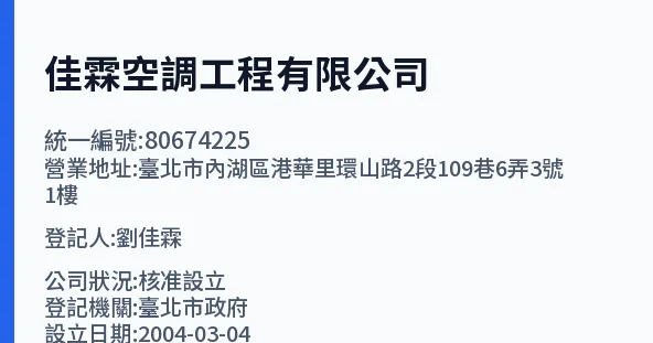 佳霖空調工程有限公司的照片-統編 80674225(臺北市) 公司登記資料與營業項目詳細圖表