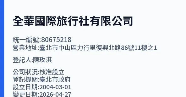 全華國際旅行社有限公司的照片-統編 80675218(臺北市) 公司登記資料與營業項目詳細圖表
