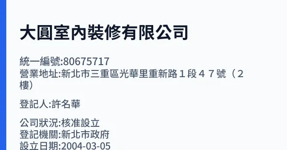大圓室內裝修有限公司的照片-統編 80675717(新北市) 公司登記資料與營業項目詳細圖表