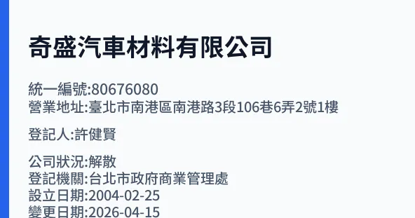 奇盛汽車材料有限公司的照片-統編 80676080(臺北市) 公司登記資料與營業項目詳細圖表