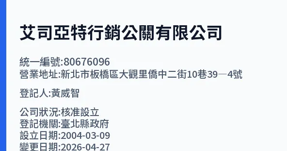 艾司亞特行銷公關有限公司的照片-統編 80676096(新北市) 公司登記資料與營業項目詳細圖表