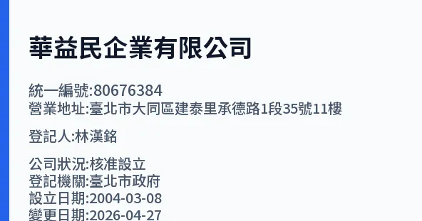 華益民企業有限公司的照片-統編 80676384(臺北市) 公司登記資料與營業項目詳細圖表