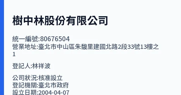 樹中林股份有限公司的照片-統編 80676504(臺北市) 公司登記資料與營業項目詳細圖表