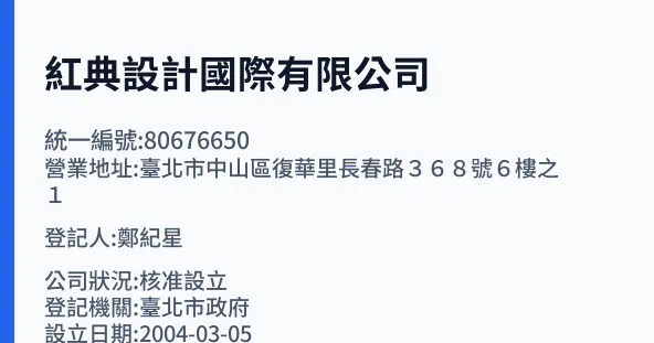 紅典設計國際有限公司的照片-統編 80676650(臺北市) 公司登記資料與營業項目詳細圖表