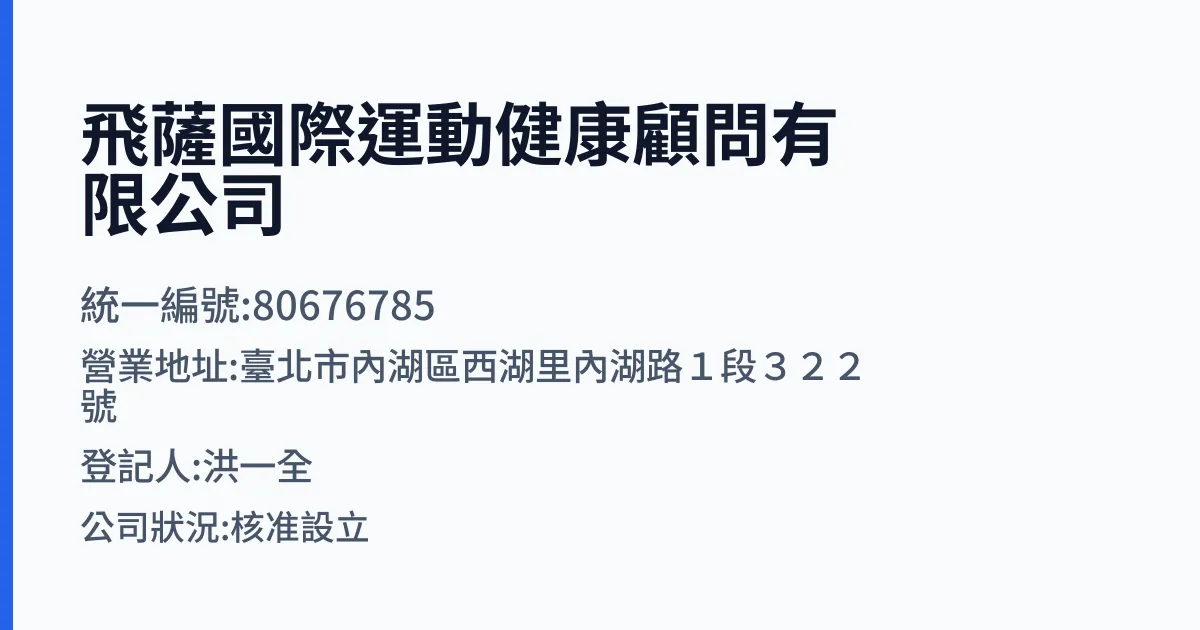 飛薩國際運動健康顧問有限公司 - 統編 80676785(臺北市) 公司登記資料與營業項目詳細圖表