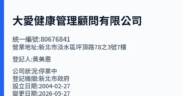 大愛健康管理顧問有限公司的照片-統編 80676841(新北市) 公司登記資料與營業項目詳細圖表