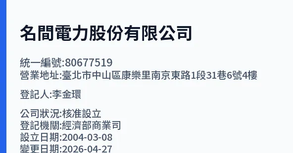 名間電力股份有限公司的照片-統編 80677519(臺北市) 公司登記資料與營業項目詳細圖表