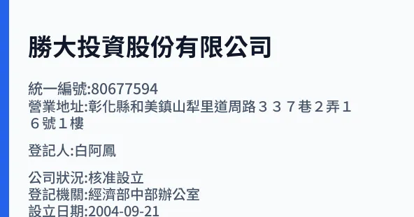 勝大投資股份有限公司的照片-統編 80677594(彰化縣) 公司登記資料與營業項目詳細圖表