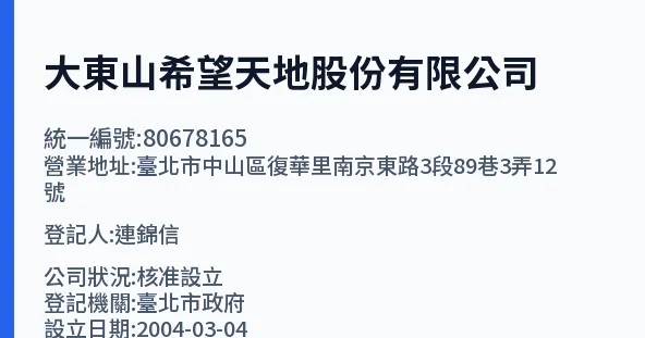 大東山希望天地股份有限公司的照片-統編 80678165(臺北市) 公司登記資料與營業項目詳細圖表
