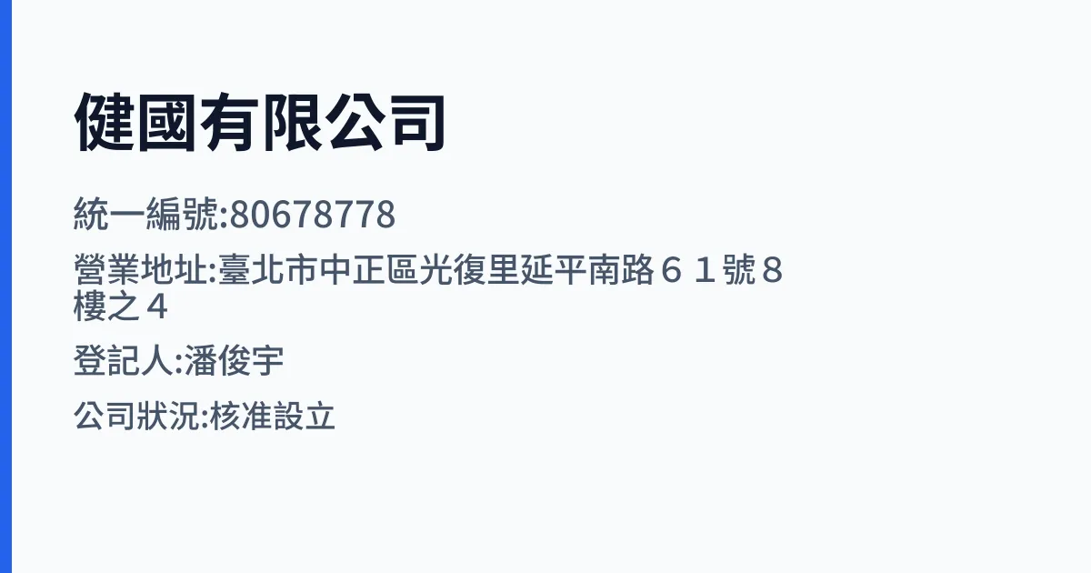 健國有限公司 - 統編 80678778(臺北市) 公司登記資料與營業項目詳細圖表