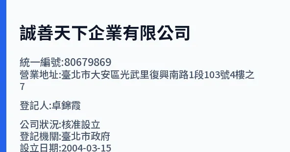 誠善天下企業有限公司的照片-統編 80679869(臺北市) 公司登記資料與營業項目詳細圖表